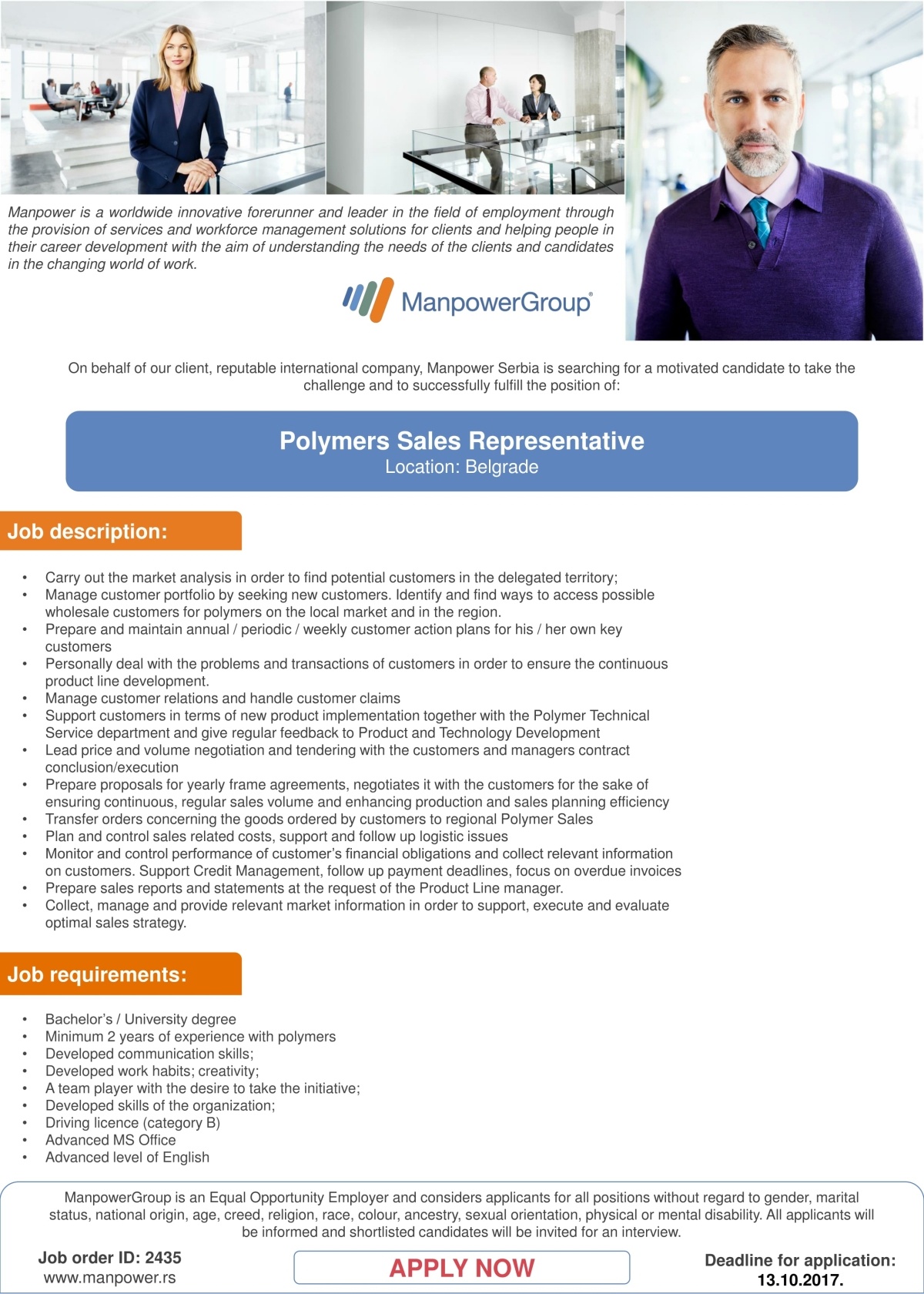 Polymers Sales Representative - Manpower d.o.o.