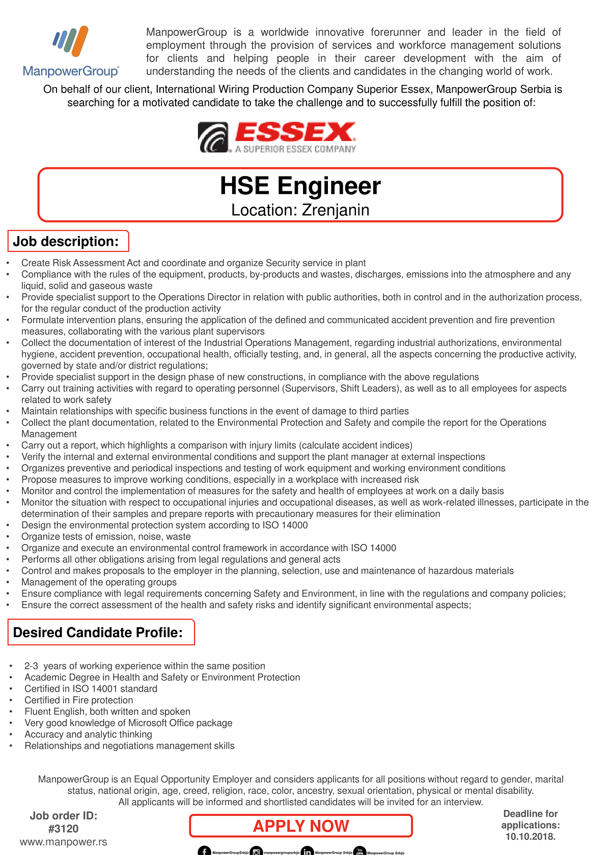 HSE Engineer - Manpower d.o.o.
