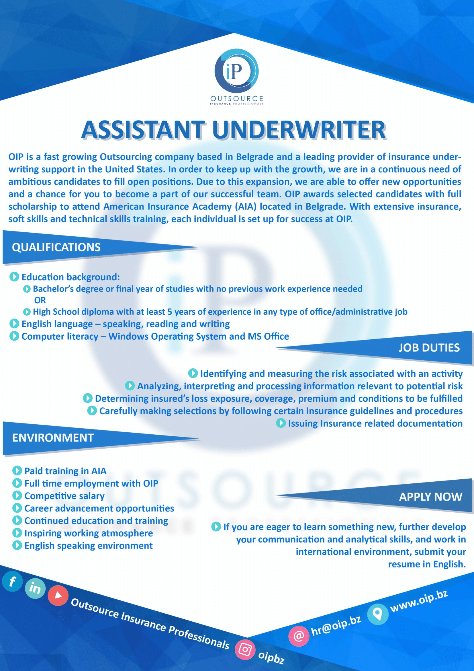 Assistant Underwriter - Outsource Insurance Professionals