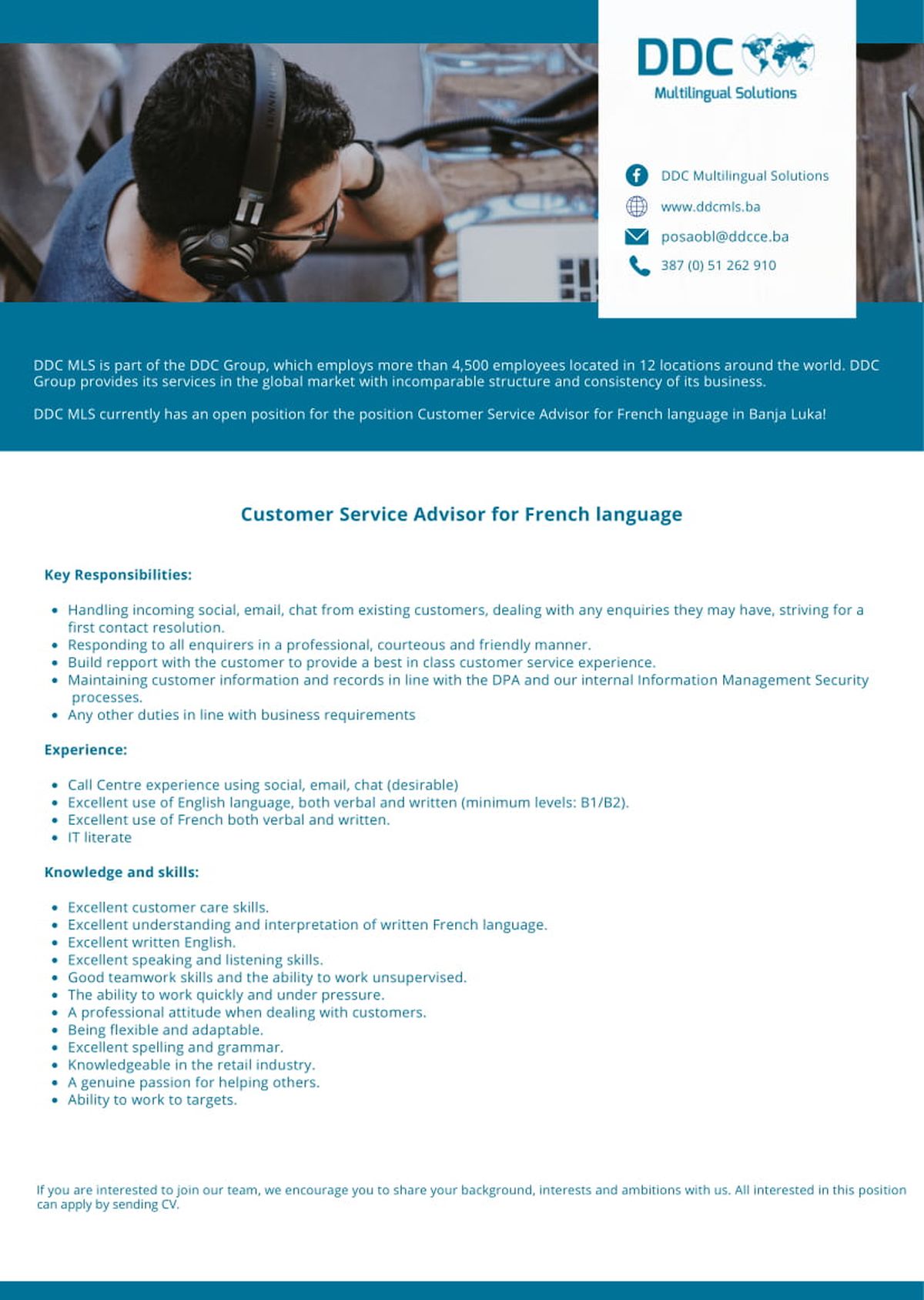 Customer Service Advisor for French Language - DDC MLS d.o.o.