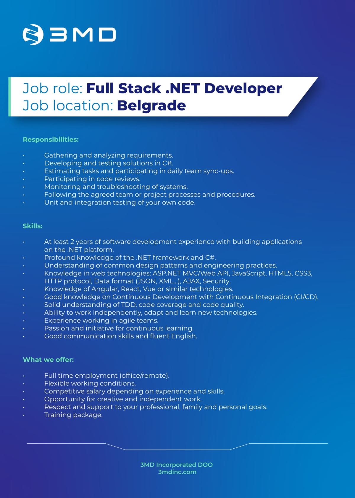 Full Stack .NET Developer - 3MD Incorporated d.o.o. | Poslovi Infostud
