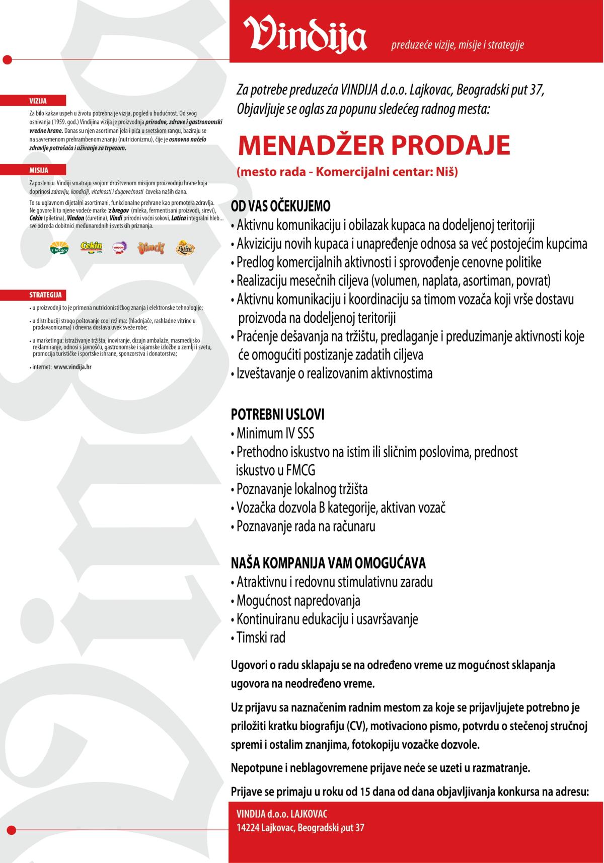 Menadžer prodaje - Vindija d.o.o. | Poslovi Infostud