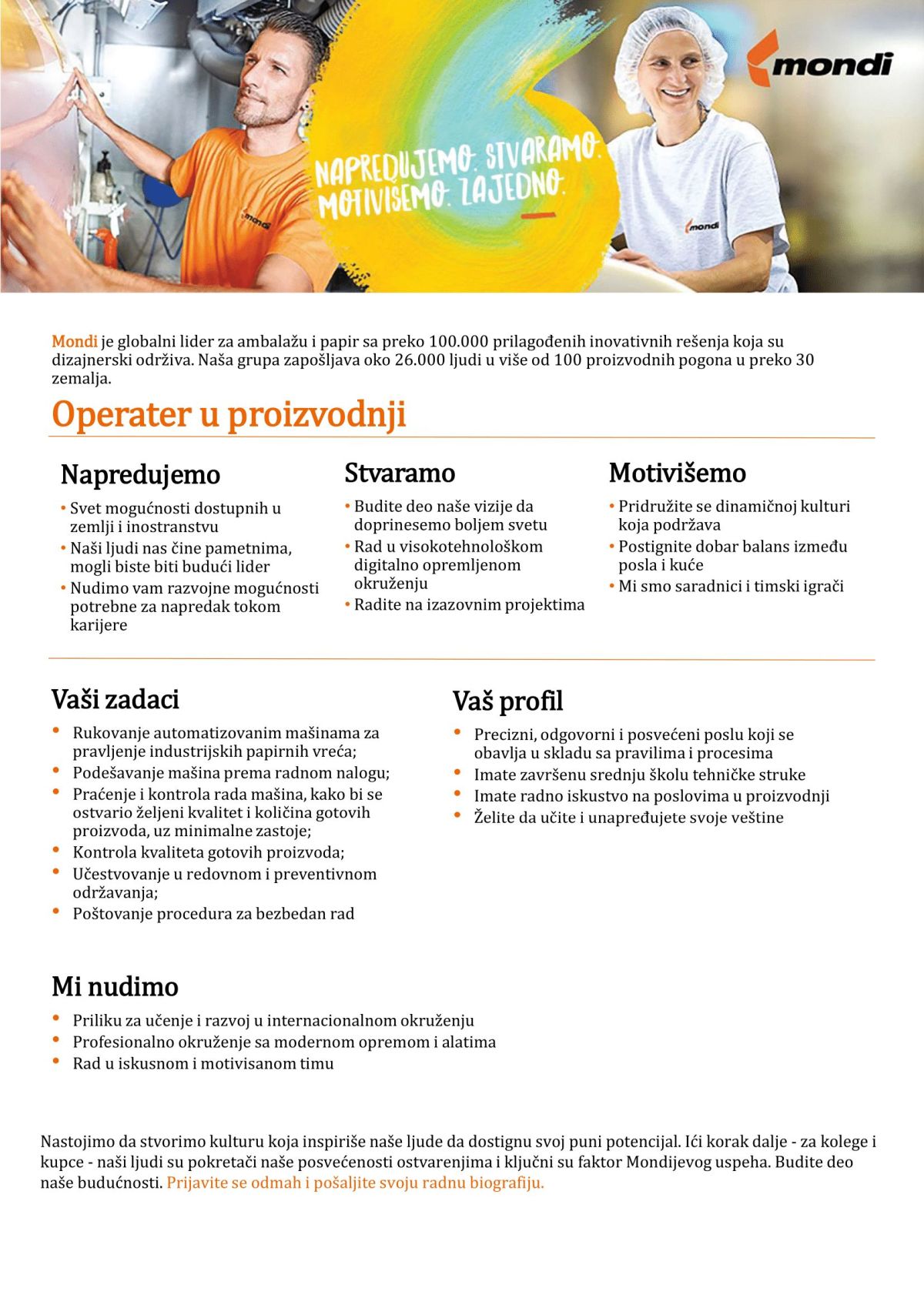 Operater proizvodnje Mondi Šabac d.o.o. - Startuj.infostud.com