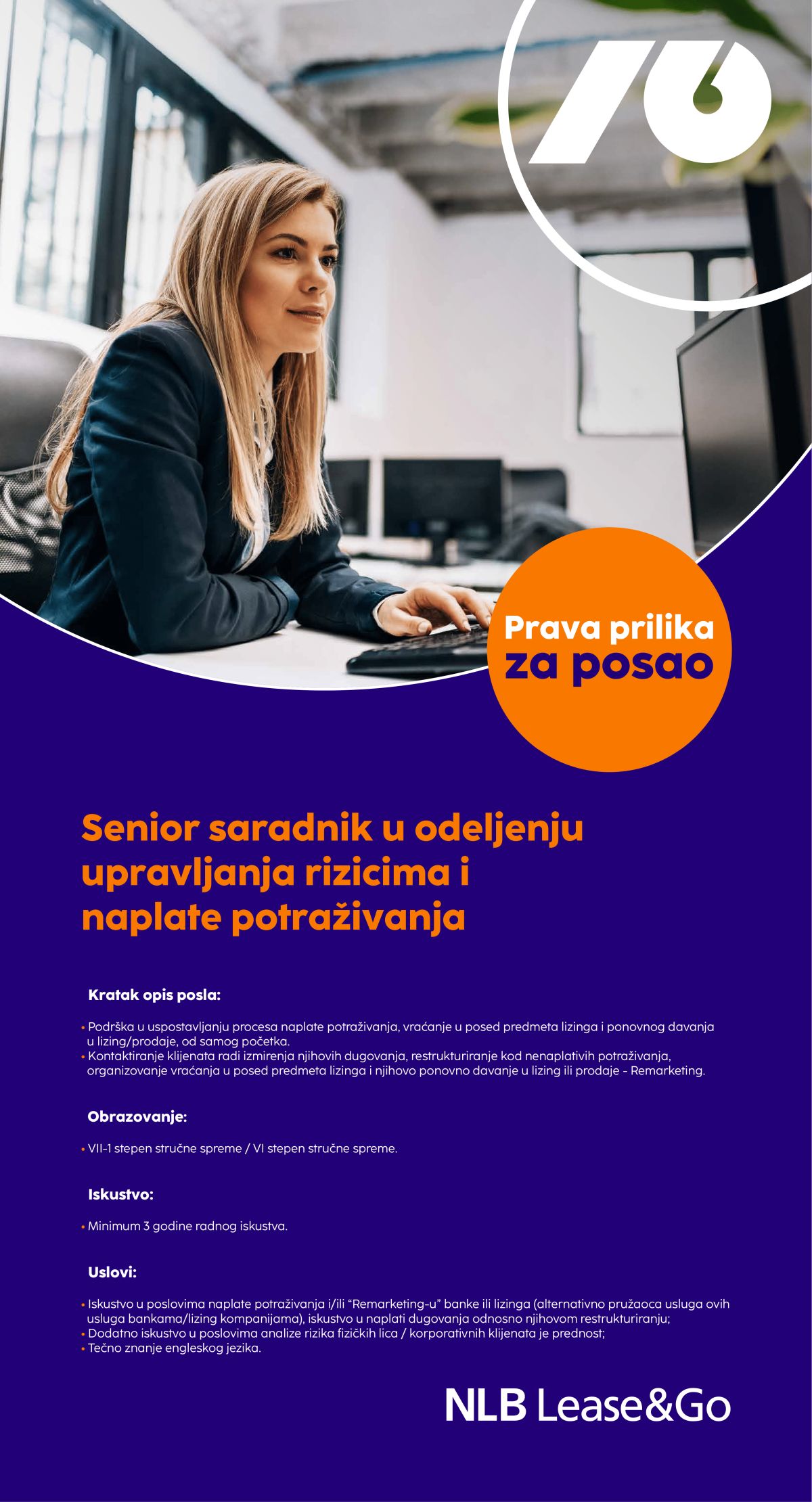 Senior saradnik u odeljenju upravljanja… - NLB Lease&Go Leasing d.o.o.