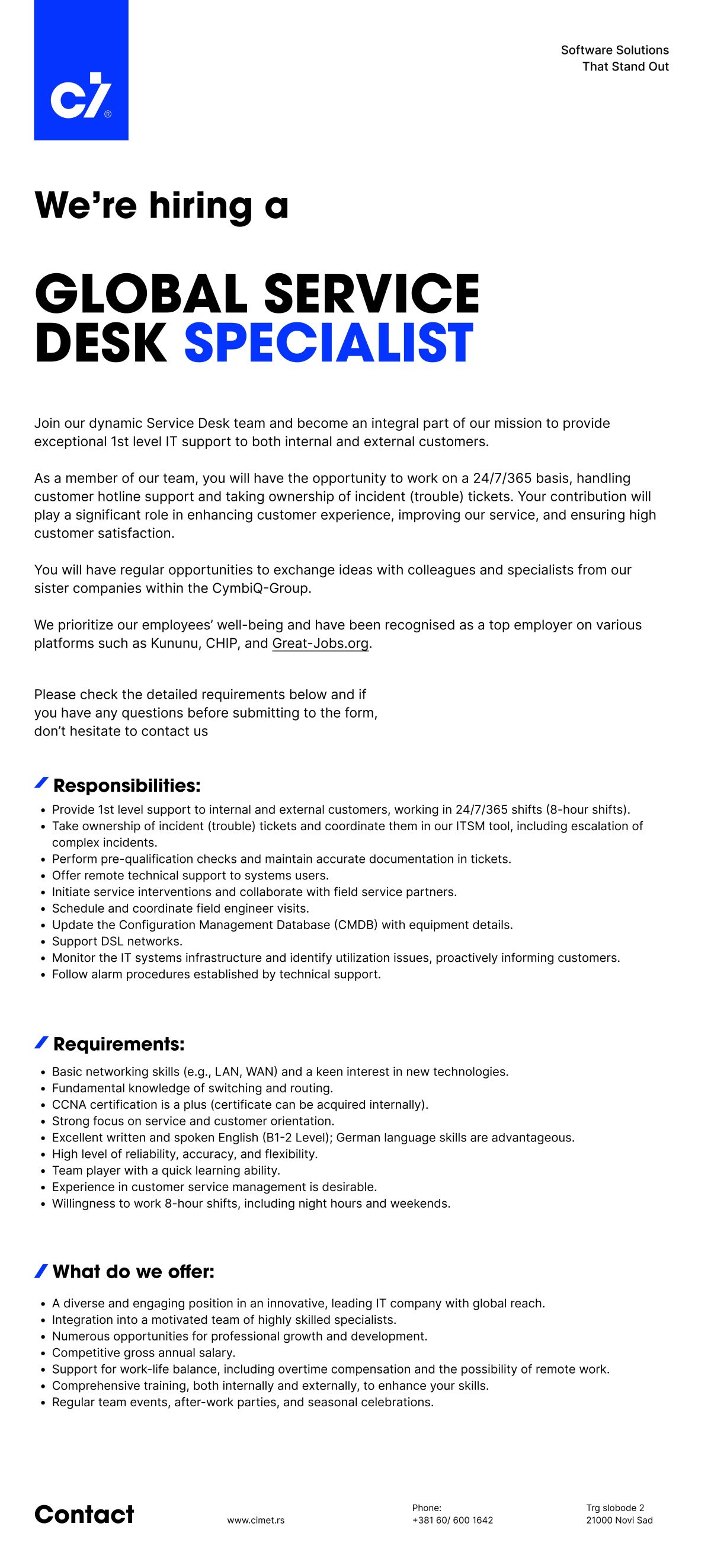 Global IT Service Desk Specialist - Cimet software d.o.o. | Poslovi ...