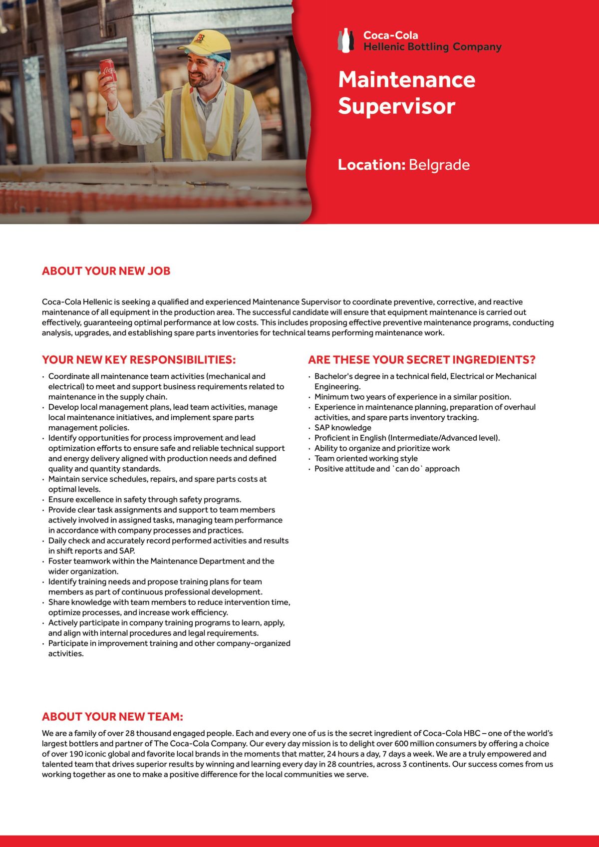 Maintenance Supervisor - Coca-Cola Hellenic