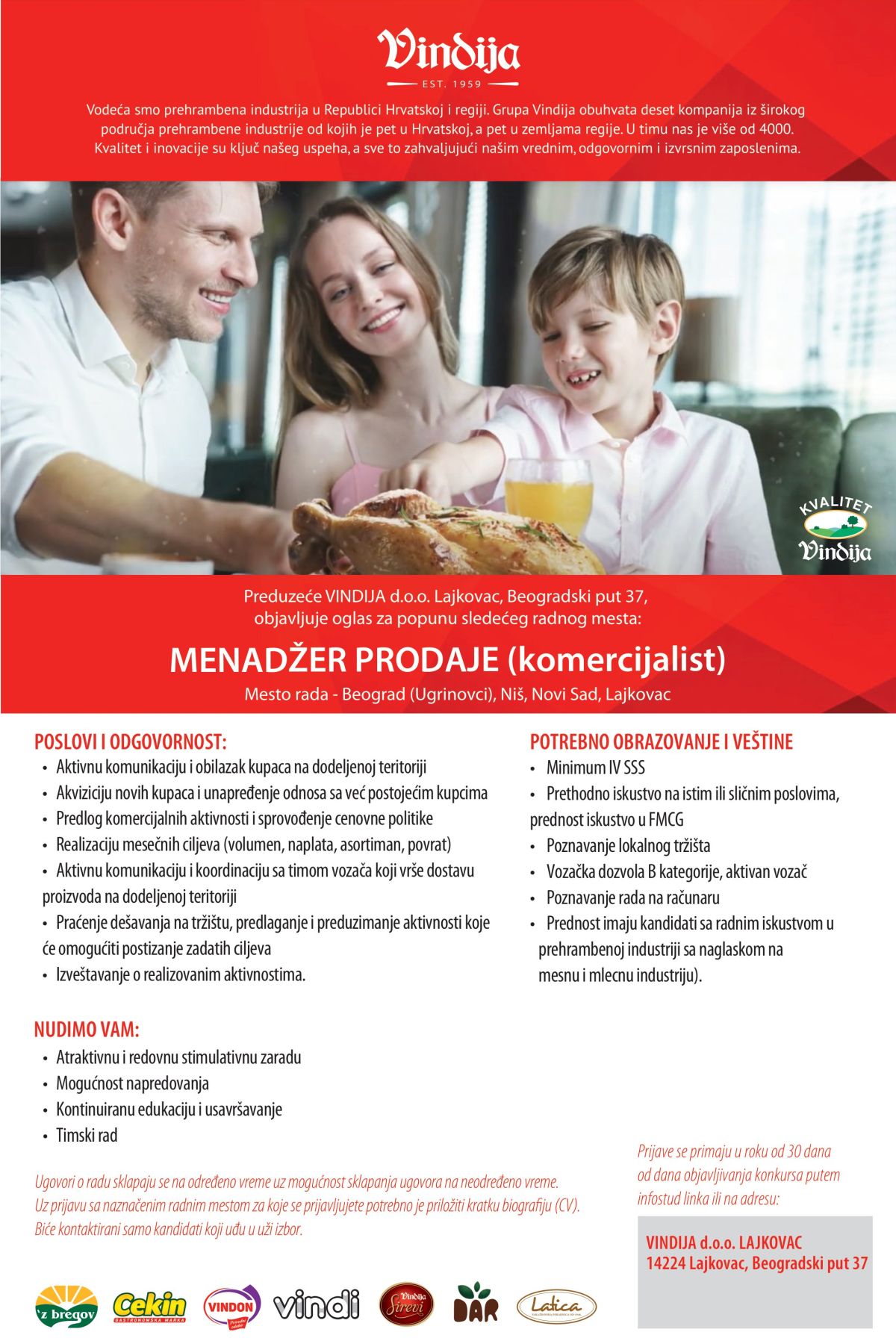 Menadžer prodaje (komercijalist) - Vindija d.o.o. | Poslovi Infostud