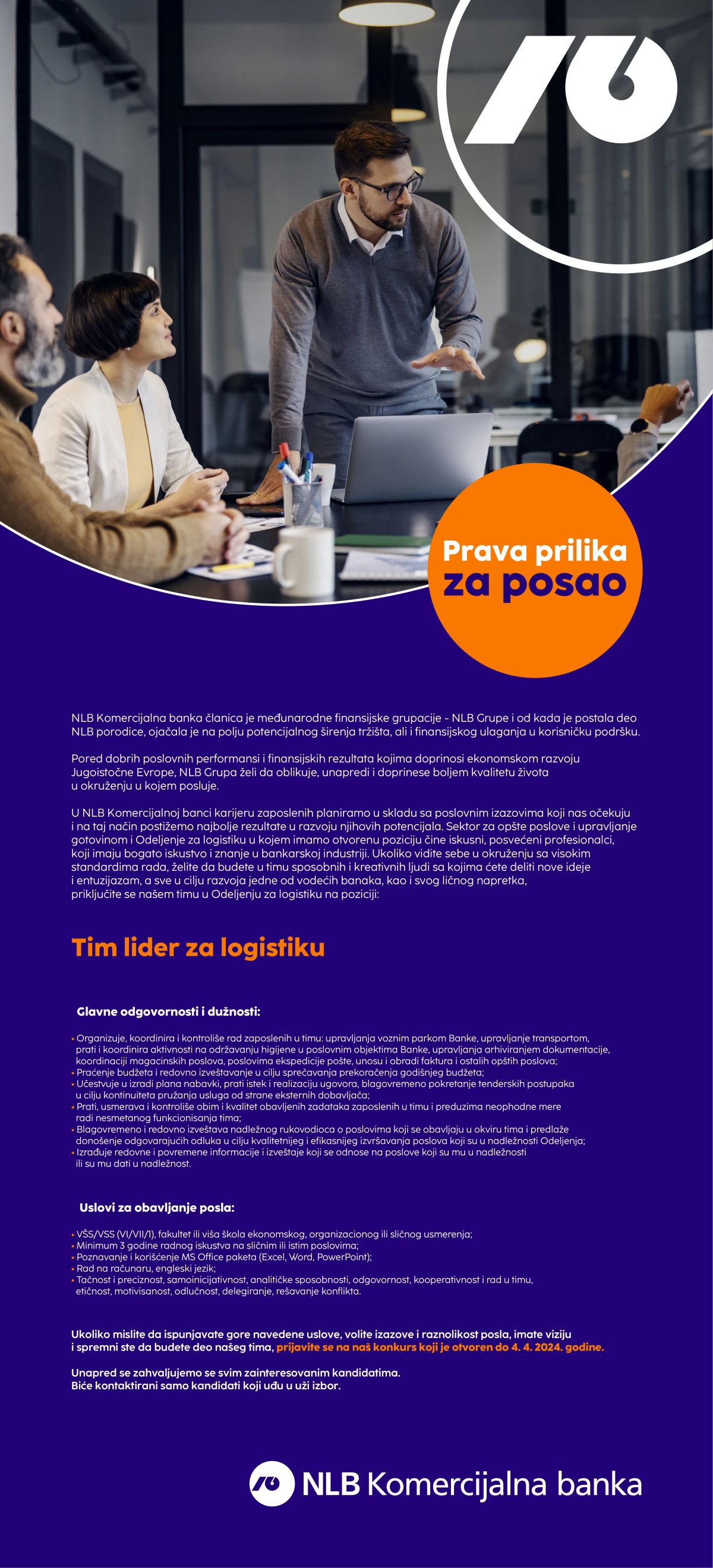 Tim lider za logistiku - NLB Komercijalna banka
